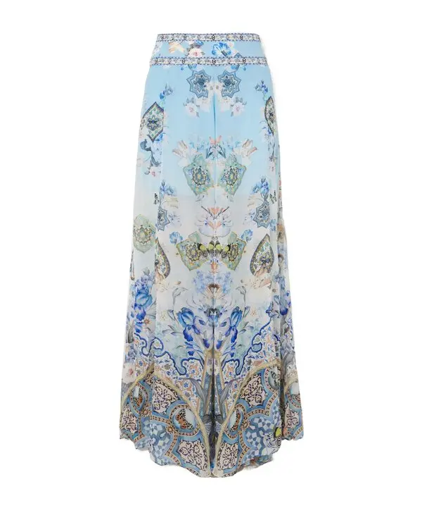 Camilla Al Manial Palace Embellished Printed Silk-crepon Wide Leg Pants - Blue