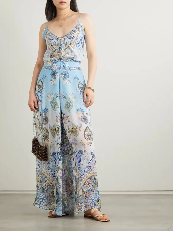 Camilla Al Manial Palace Embellished Printed Silk-crepon Wide Leg Pants - Blue