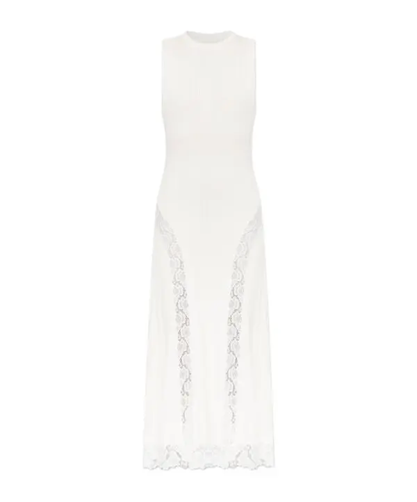 SELF-PORTRAIT Ribbed Lace Trimmed Midi Dress - White