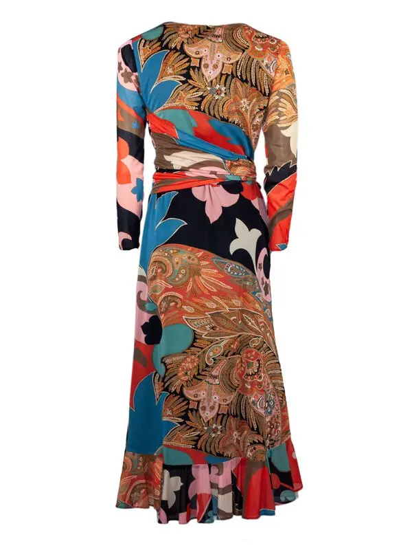 Etro Printed Midi Dress With Crossover V-neck And Side Buckles