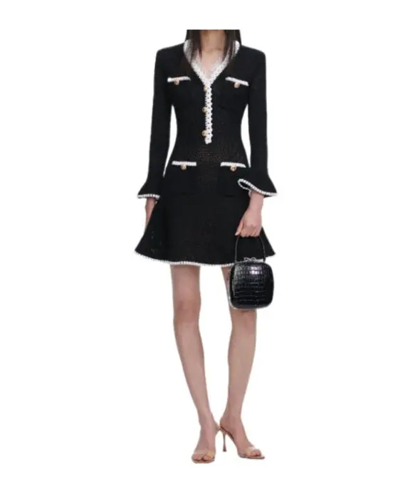 SELF-PORTRAIT Knitted A-line Mini Dress With Lace Trims