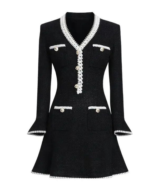 SELF-PORTRAIT Knitted A-line Mini Dress With Lace Trims