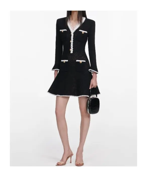 SELF-PORTRAIT Knitted A-line Mini Dress With Lace Trims