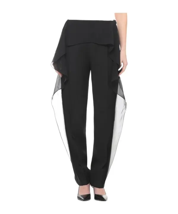 LANVIN Draped Overlay Wool Twill Pants With Silk Chiffon Ruffles