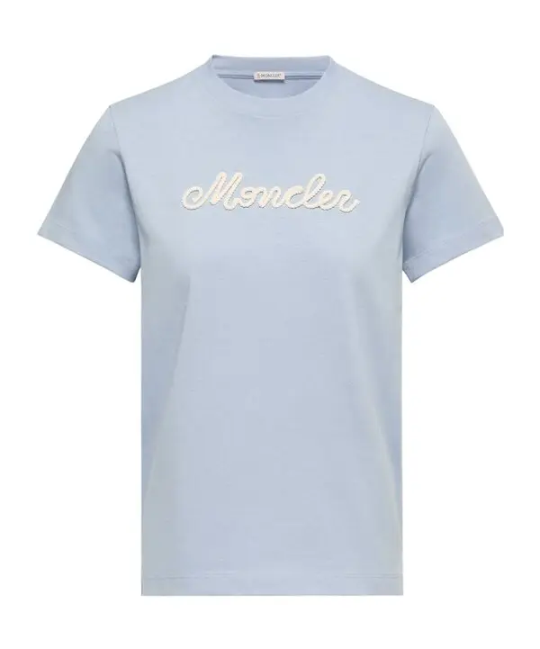 Moncler Logo Embroidery Cotton T-shirt - Light Blue