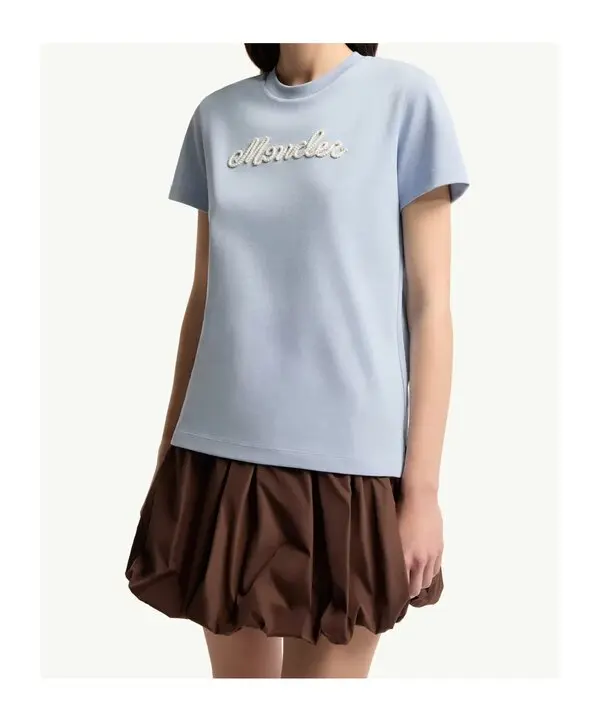 Moncler Logo Embroidery Cotton T-shirt - Light Blue