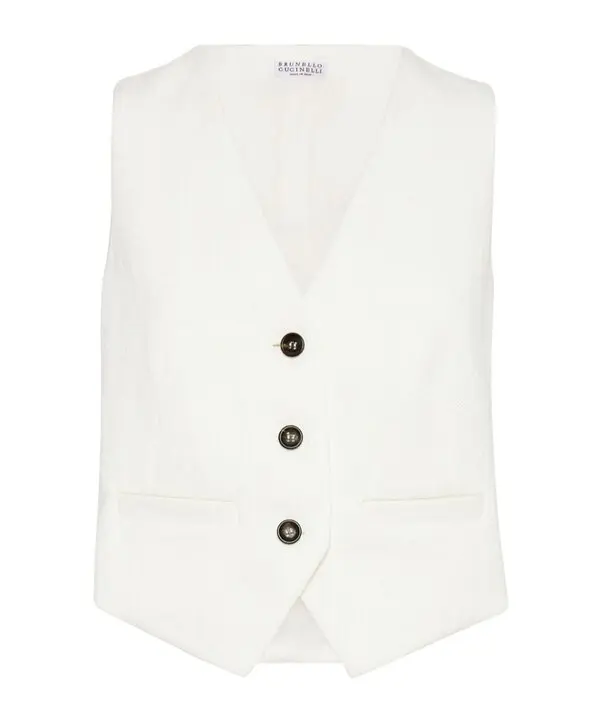 Brunello Cucinelli Herringbone Pattern V-neck Button-down Gilet - White