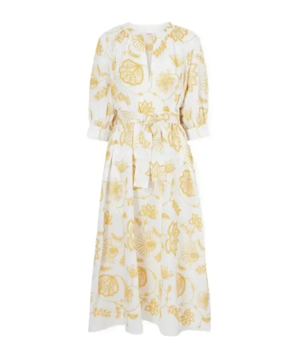 ERES Belted Midi Dress With Floral Embroidery