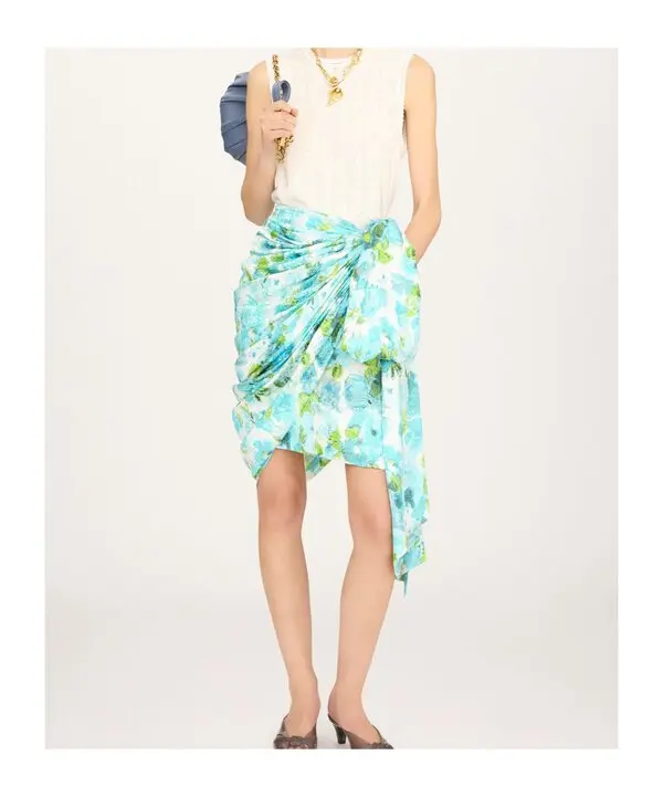 Chloé Draped Wrap Skirt With Floral Print And Bow Detail - Blue