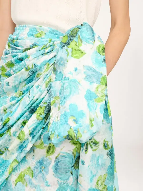 Chloé Draped Wrap Skirt With Floral Print And Bow Detail - Blue
