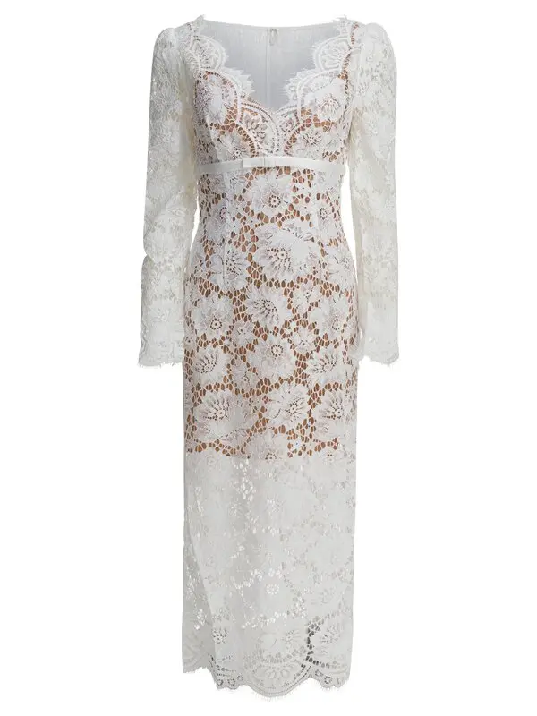 SELF-PORTRAIT Floral Lace Midi Dress With Bow Detail - White
