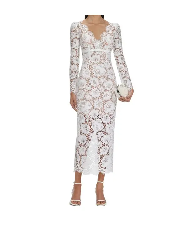 SELF-PORTRAIT Floral Lace Midi Dress With Bow Detail