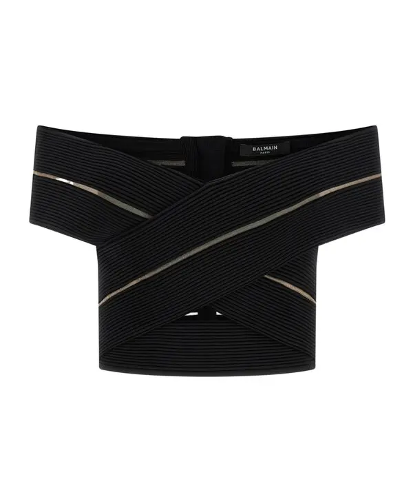 Balmain Off-the-shoulder Cropped Top With Mesh Inserts - Black