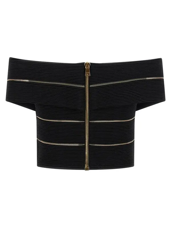 Balmain Off-the-shoulder Cropped Top With Mesh Inserts - Black