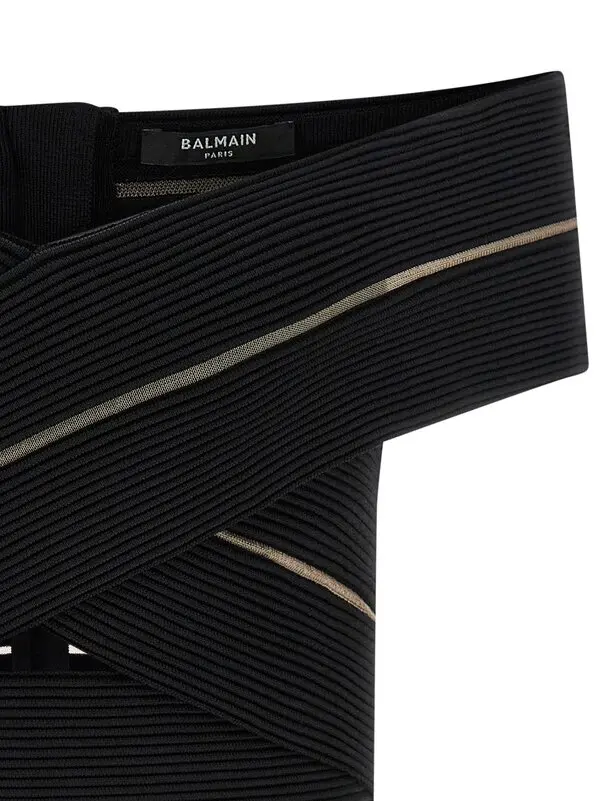 Balmain Off-the-shoulder Cropped Top With Mesh Inserts - Black