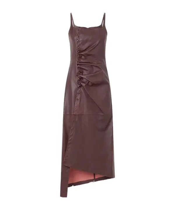 Rabanne Asymmetrical Ruched Leather Midi Dress - Brown