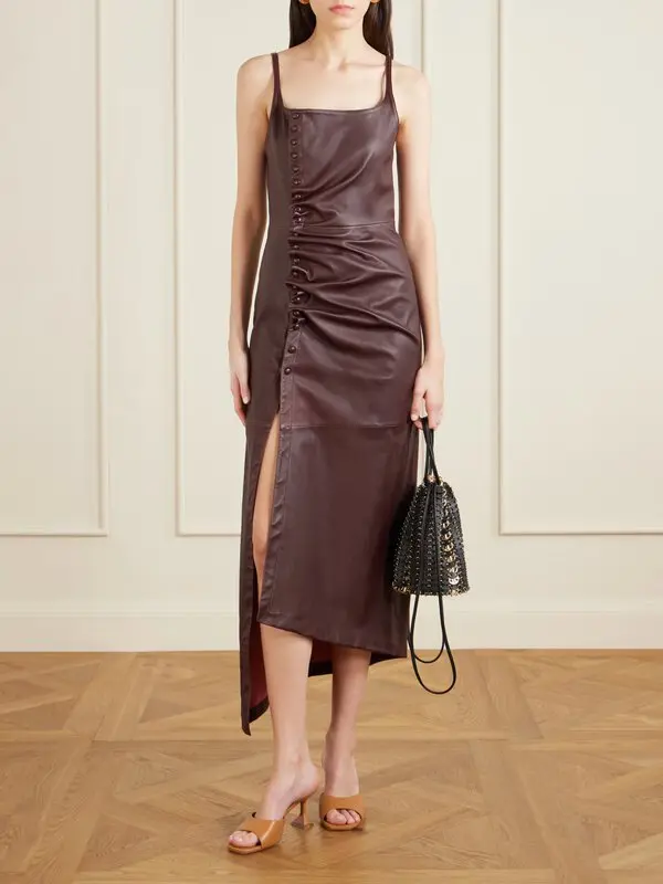 Rabanne Asymmetrical Ruched Leather Midi Dress - Brown