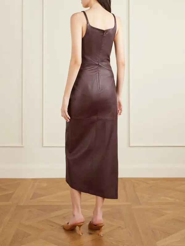 Rabanne Asymmetrical Ruched Leather Midi Dress - Brown