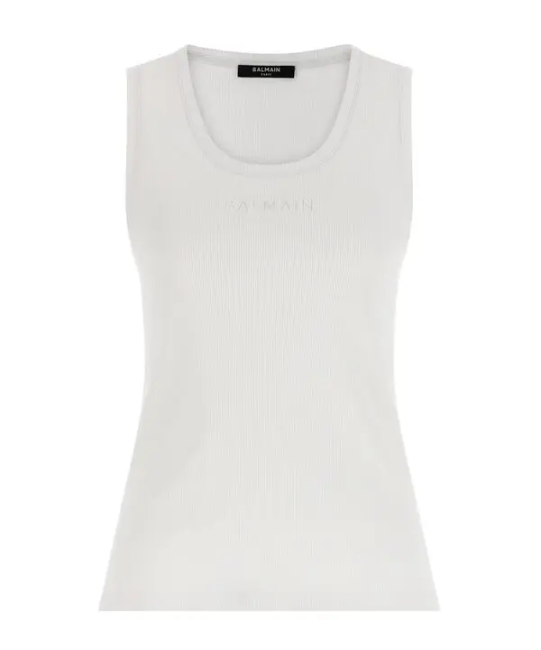 Balmain Logo Embroidered Ribbed Tank Top - White