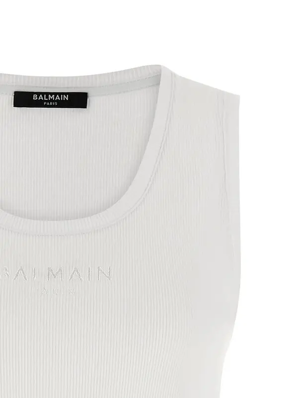 Balmain Logo Embroidered Ribbed Tank Top - White