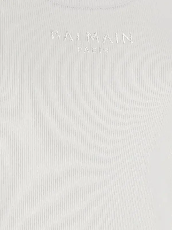 Balmain Logo Embroidered Ribbed Tank Top - White