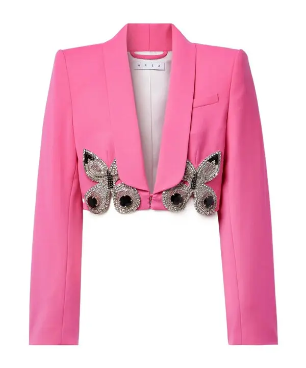 AREA Embellished Cropped Wool-blend Crepe Blazer - Pink