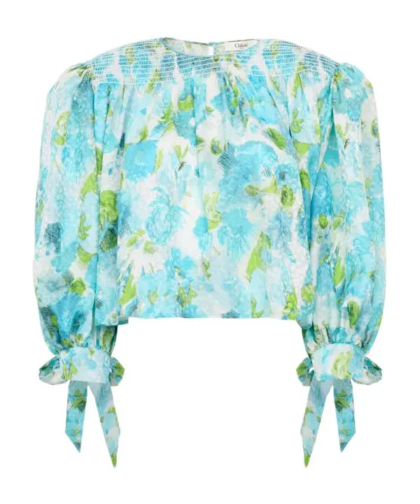 Chloé Smocked Floral Tie-sleeve Top - Blue