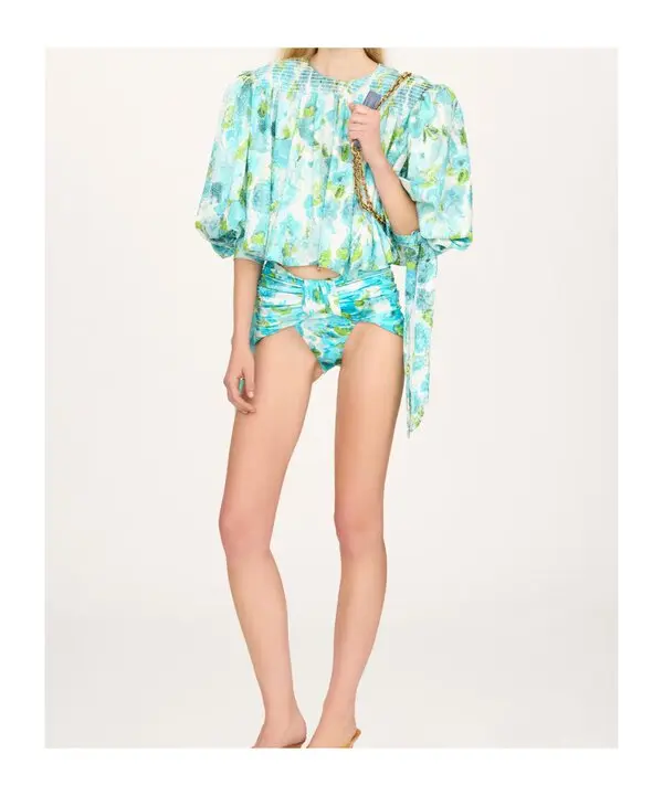 Chloé Smocked Floral Tie-sleeve Top - Blue