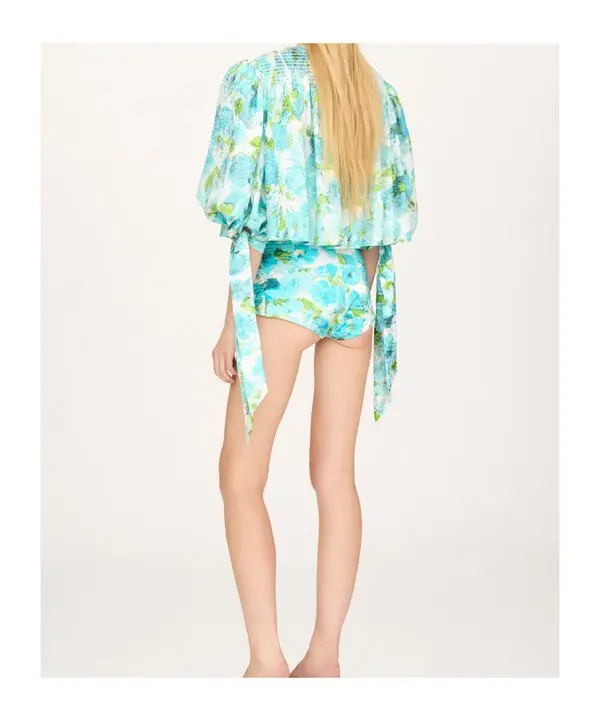 Chloé Smocked Floral Tie-sleeve Top - Blue