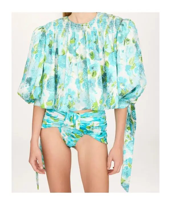 Chloé Smocked Floral Tie-sleeve Top - Blue