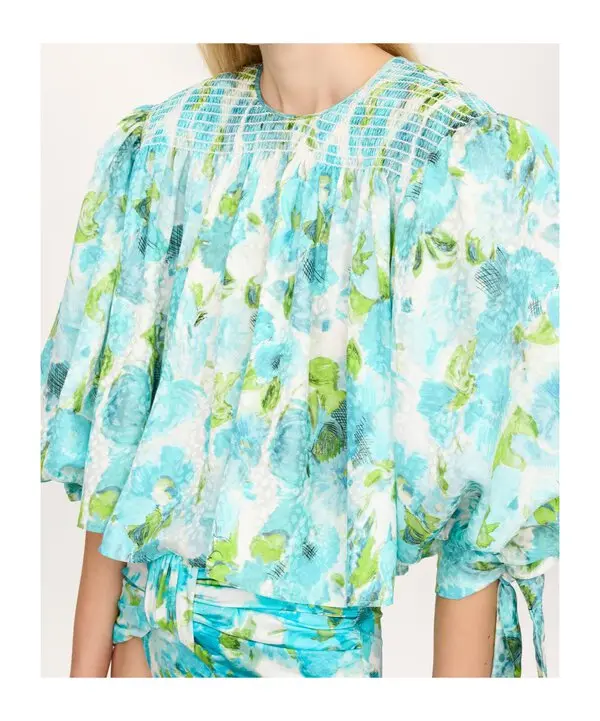 Chloé Smocked Floral Tie-sleeve Top - Blue