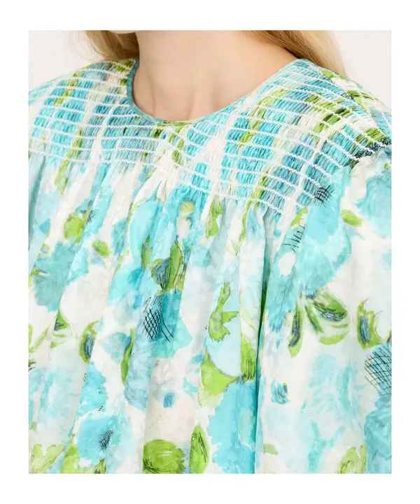 Chloé Smocked Floral Tie-sleeve Top - Blue