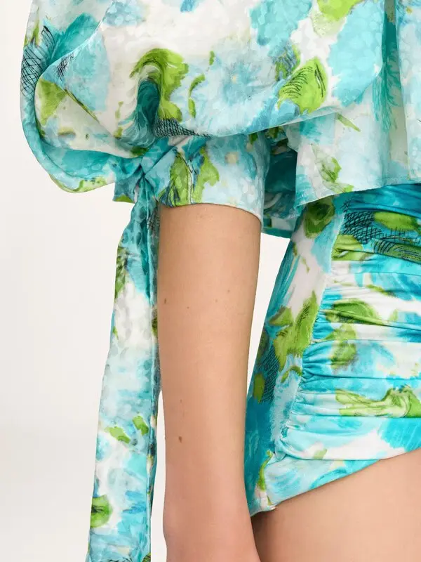 Chloé Smocked Floral Tie-sleeve Top - Blue