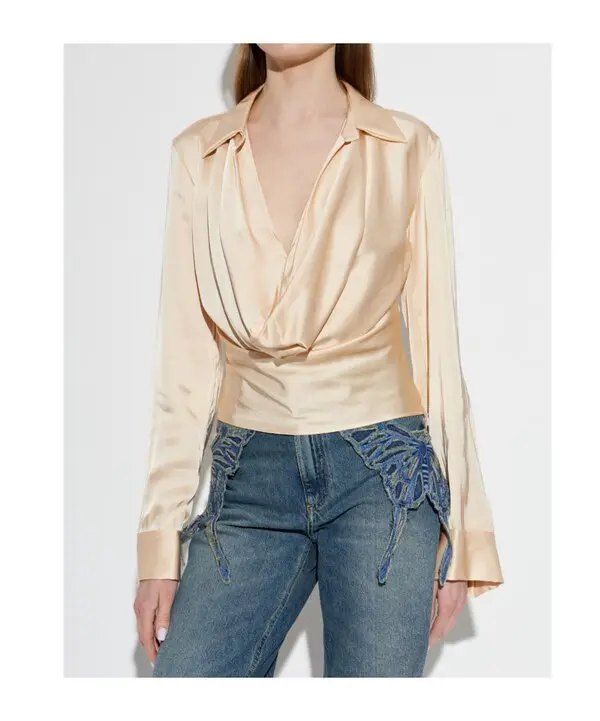 Blumarine Draped Satin Long Sleeve Top - Nude