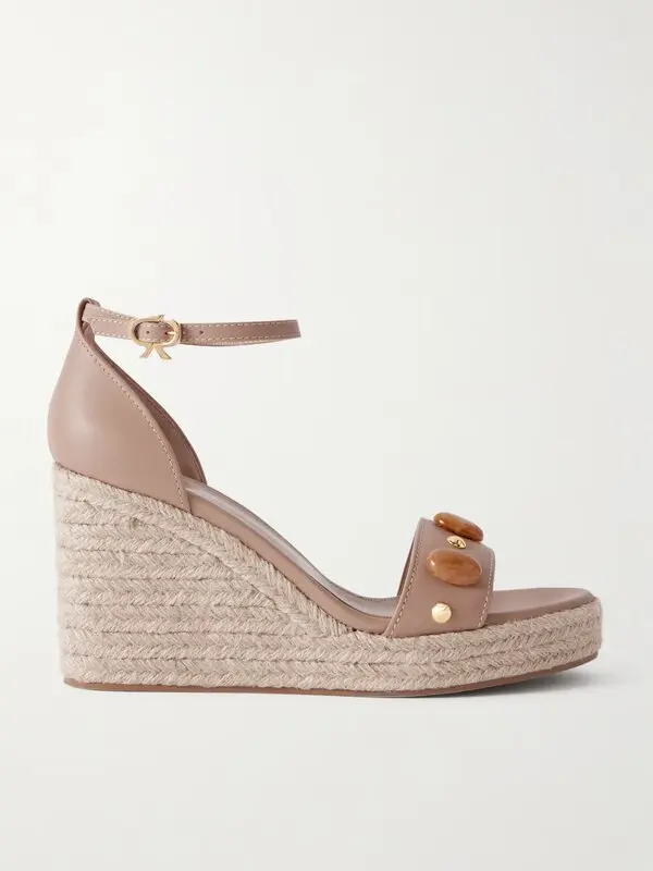GIANVITO ROSSI Embellished Leather Espadrille Wedge Sandals - Nude
