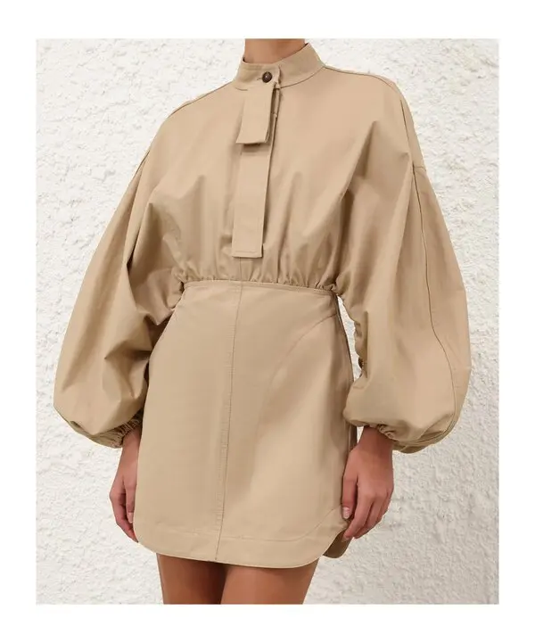 Zimmermann Rebellion Drawn Mini Dress With High Neck And Drawstring Sleeves