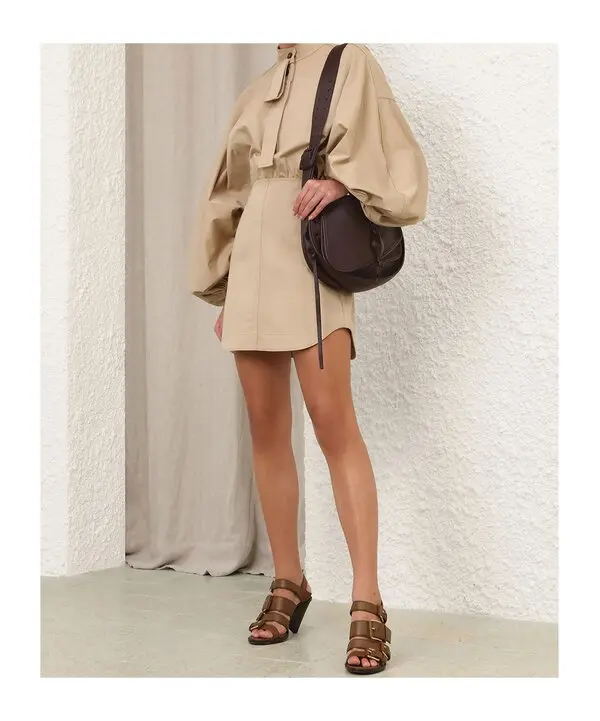 Zimmermann Rebellion Drawn Mini Dress With High Neck And Drawstring Sleeves