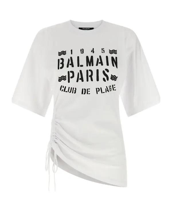 Balmain Club Print T-shirt With Drawstring Detail - White