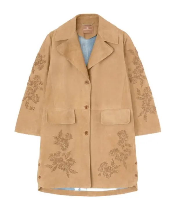 Ermanno Scervino Suede Coat With Floral Embroidery - Nude