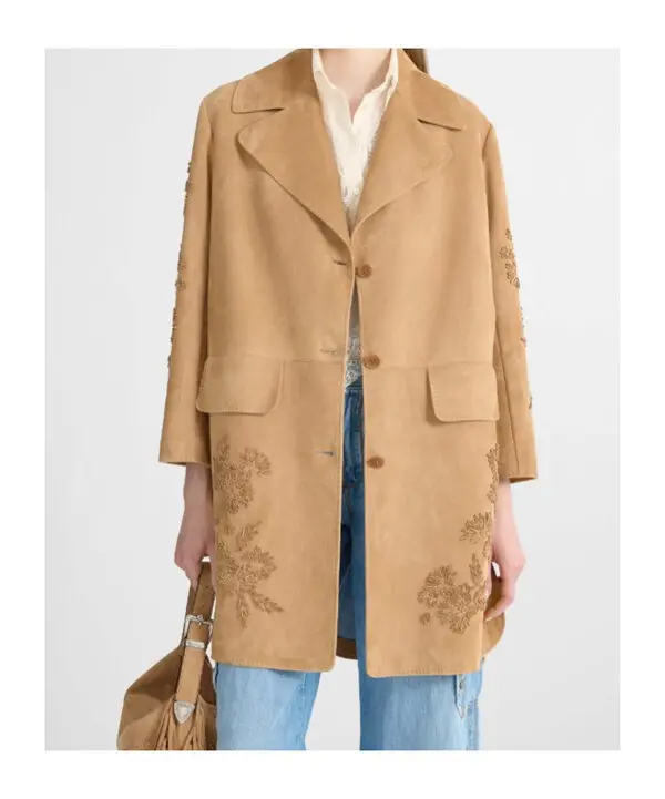 Ermanno Scervino Suede Coat With Floral Embroidery - Nude
