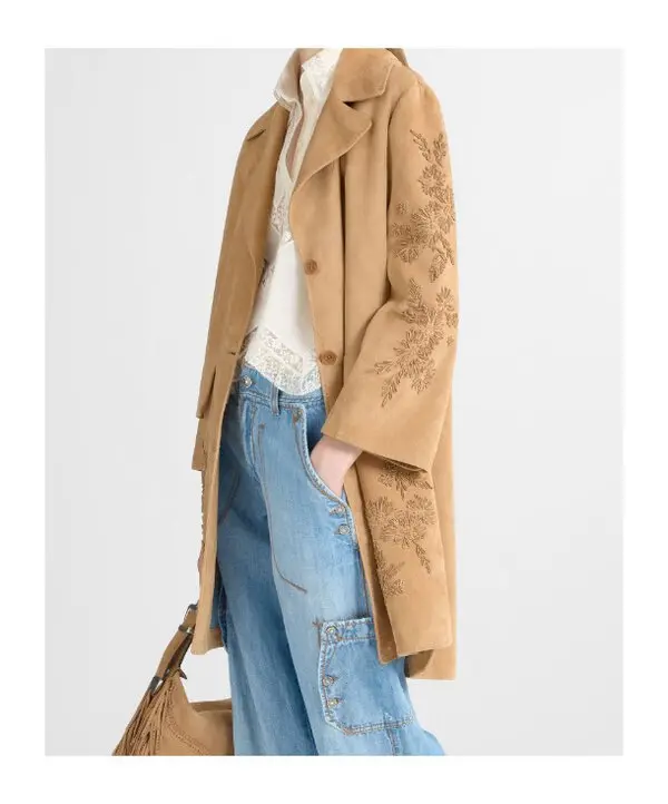 Ermanno Scervino Suede Coat With Floral Embroidery - Nude