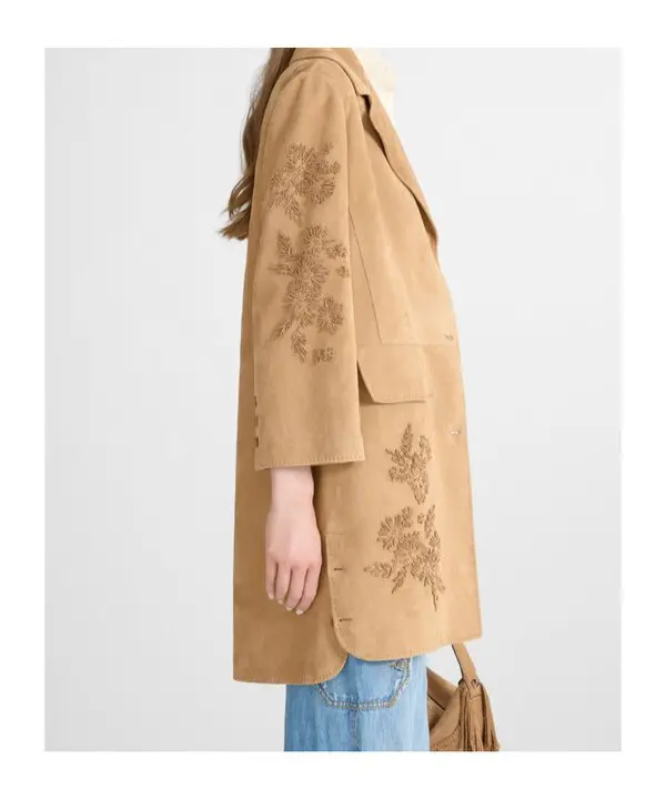 Ermanno Scervino Suede Coat With Floral Embroidery - Nude