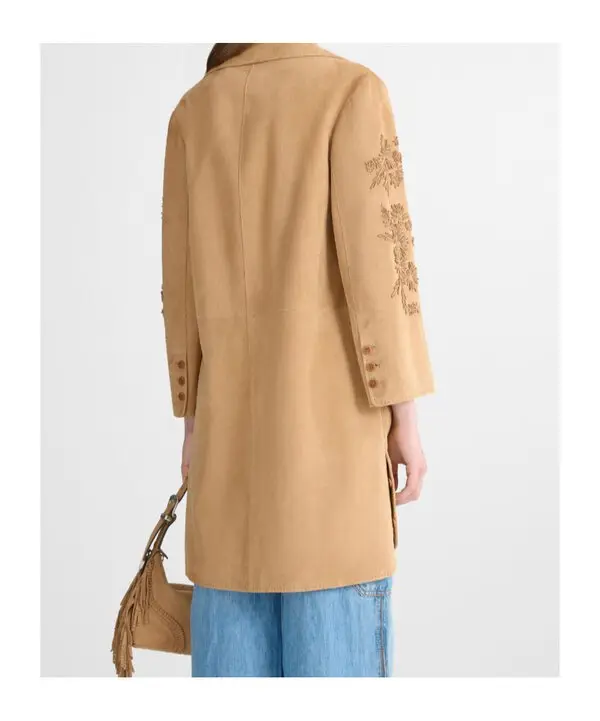 Ermanno Scervino Suede Coat With Floral Embroidery - Nude
