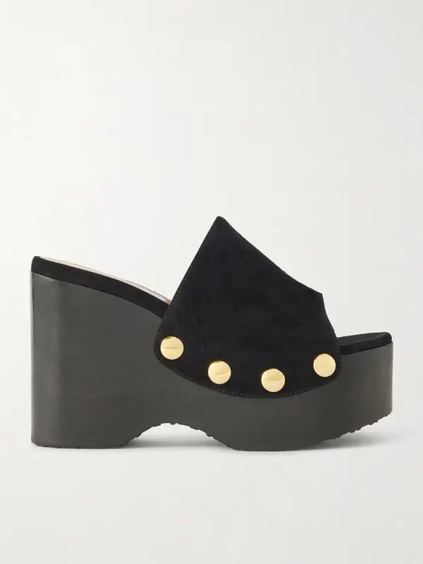 GIANVITO ROSSI Suede Platform Wedge Mules With Gold Studs - Black