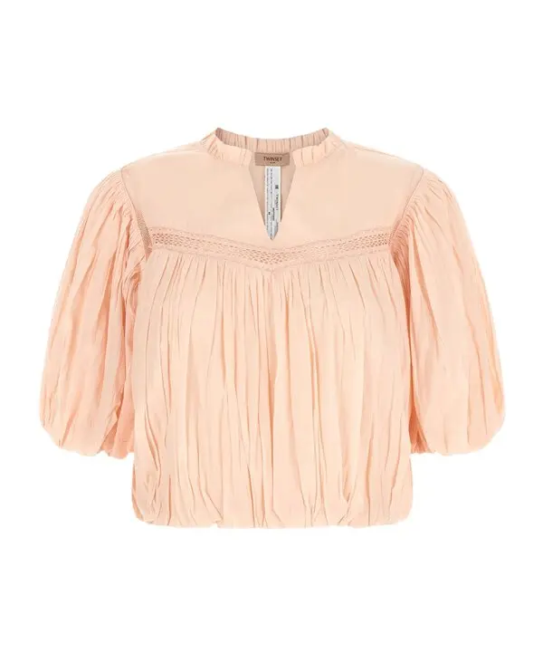 TWINSET Crinkled Lace Trim Puff Sleeve Blouse - Nude