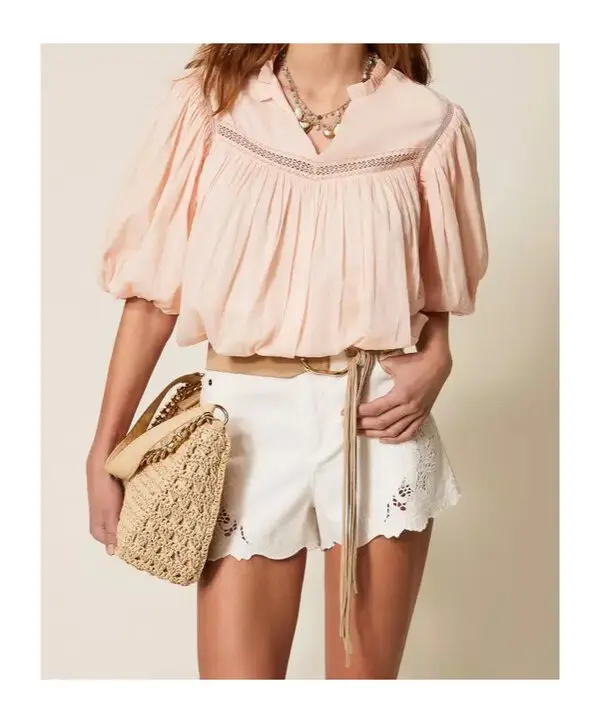 TWINSET Crinkled Lace Trim Puff Sleeve Blouse - Nude