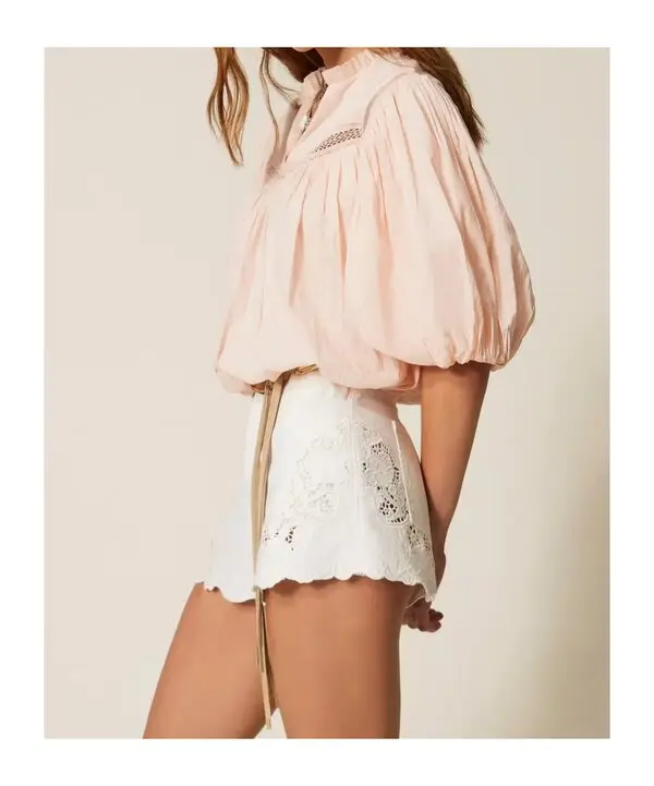 TWINSET Crinkled Lace Trim Puff Sleeve Blouse - Nude