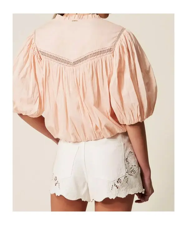 TWINSET Crinkled Lace Trim Puff Sleeve Blouse - Nude