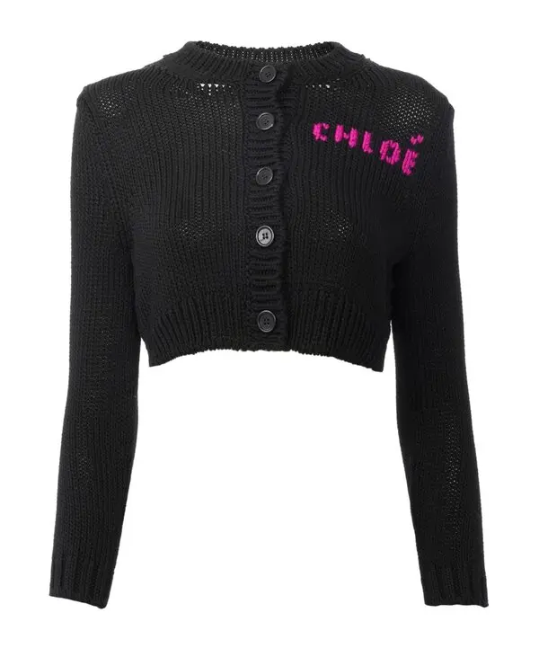 Chloé Cropped Fitted Logo Cardigan In A Cotton Knit - Black