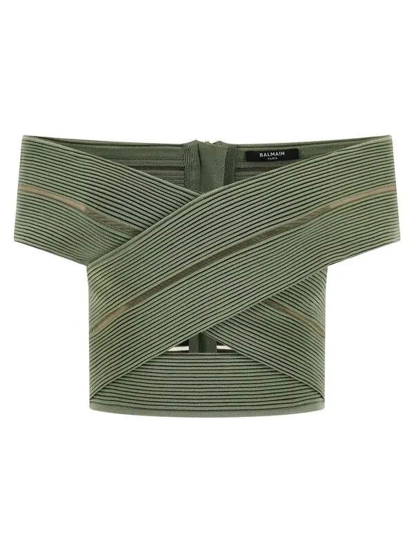 Balmain Off-the-shoulder Cropped Top With Mesh Inserts - Green
